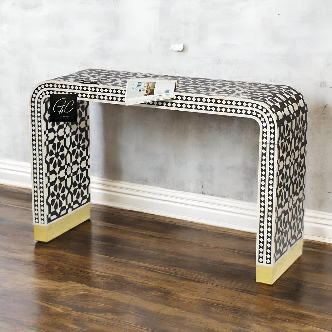 Black Moroccan Bone Inlay Console Table Moroccan Pattern Console Table ...