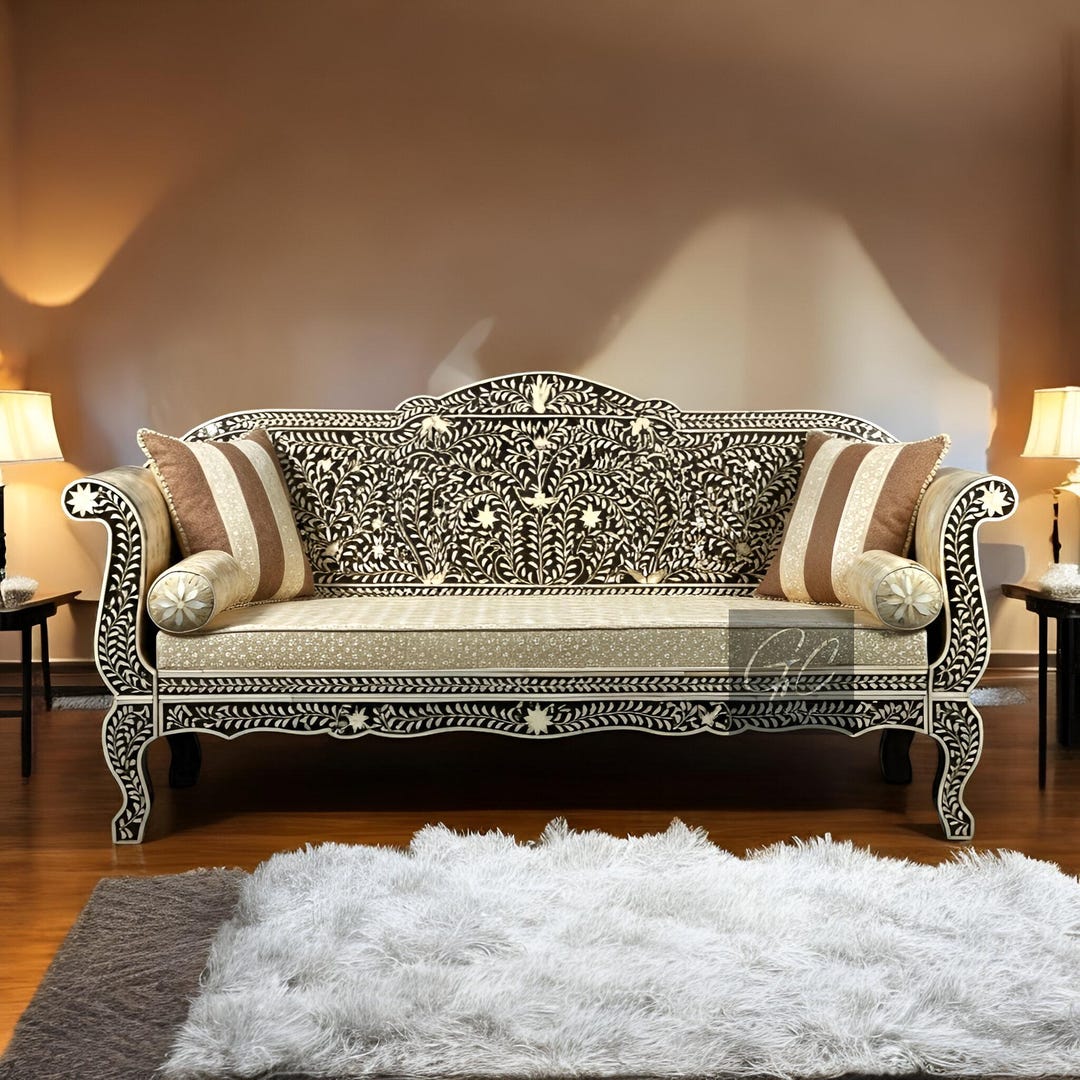 Mother of Pearl Inlay Seating Couch Black Floral MOP Inlay Wood 3 ...