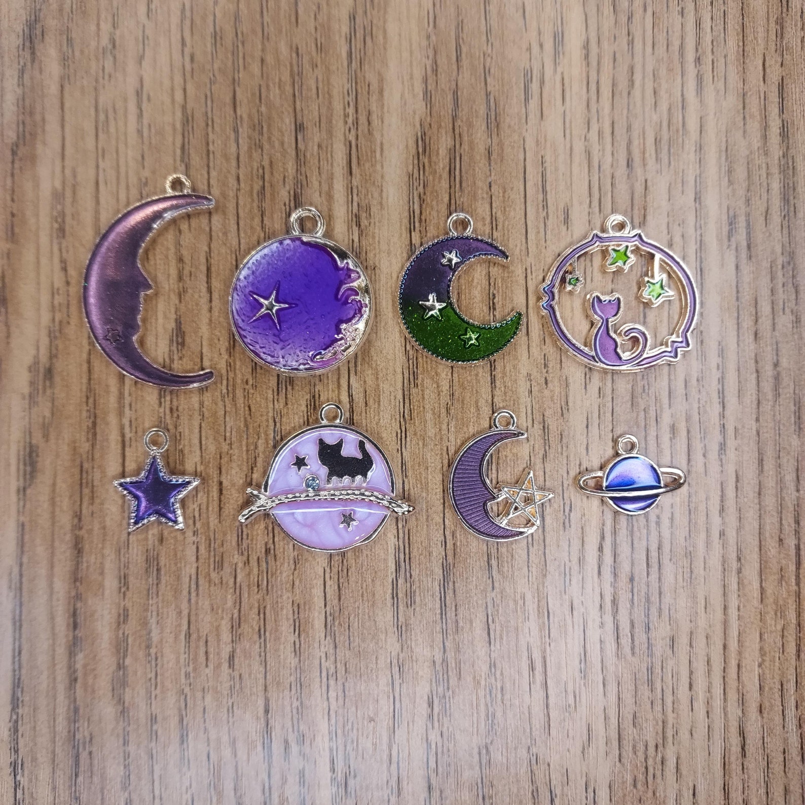 8 Purple Celestial Charms Outer Space Charms Moon Charms Enamel Charms ...
