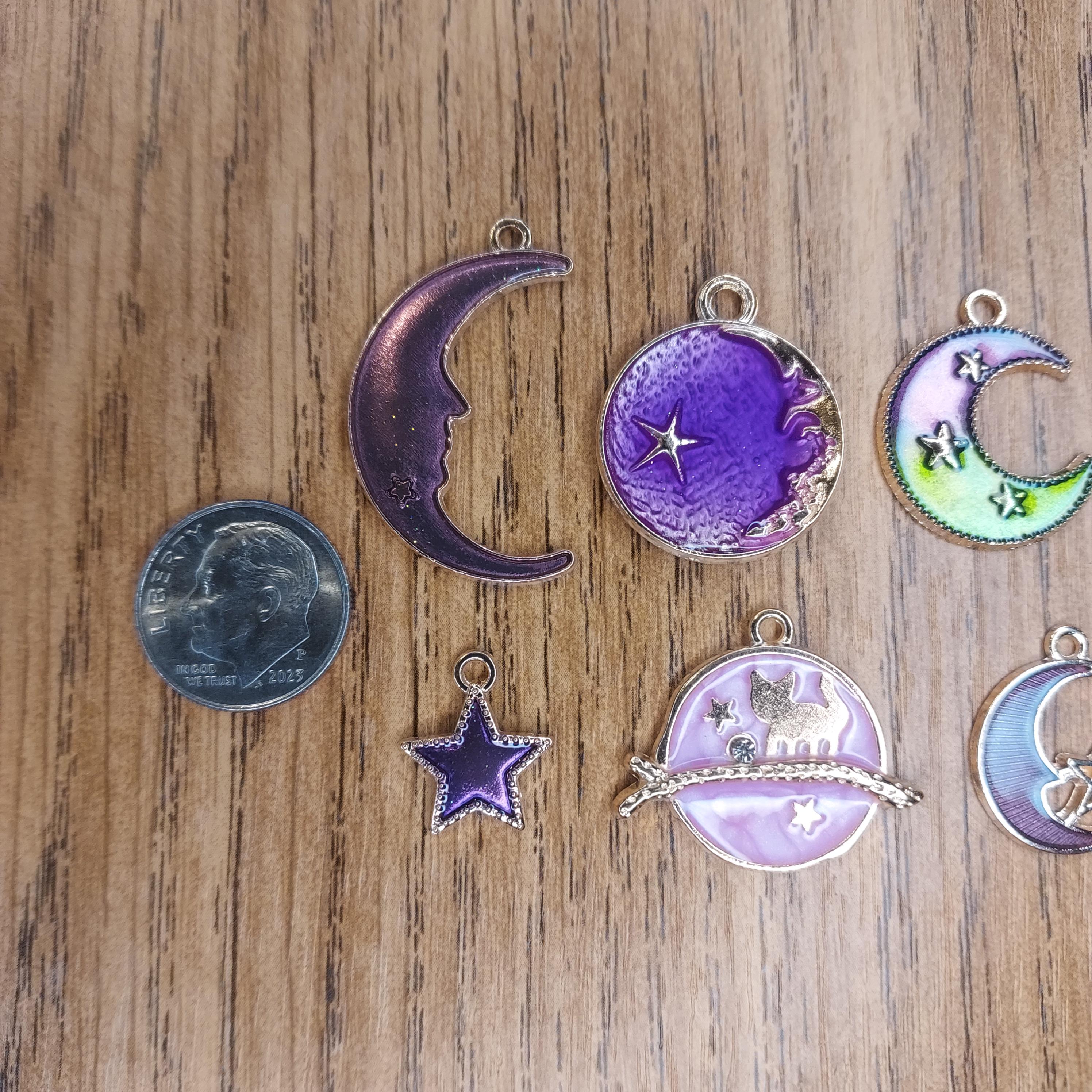 8 Purple Celestial Charms Outer Space Charms Moon Charms Enamel Charms ...