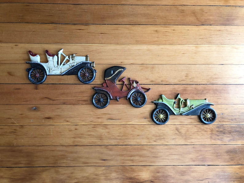 Vintage 70s 3pc 1900s Style Cars Wall Hanging Art Painted Metal Jalopy ...