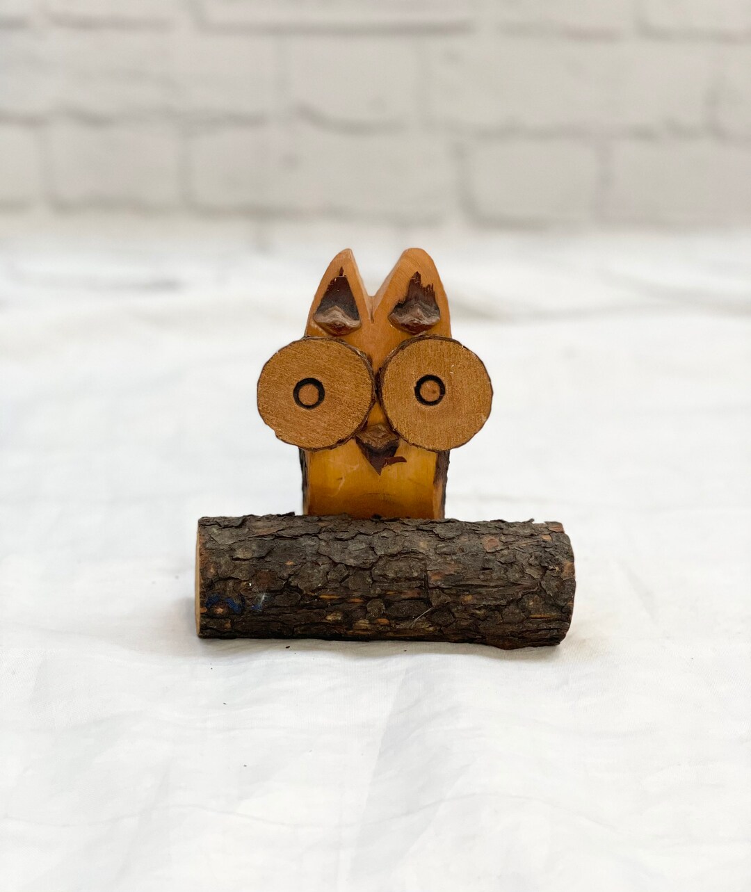 Vintage 70s 6" Hoot Owl Big Eyes Wood Bark Tree Branch Shelf Art - Etsy