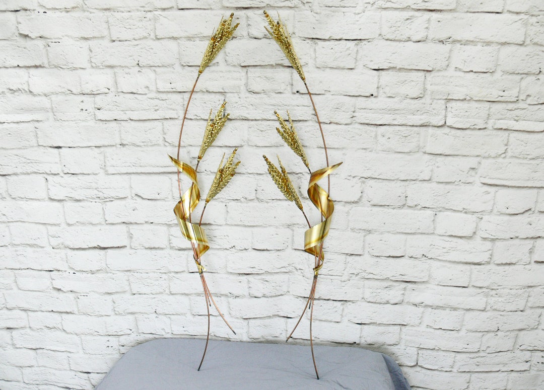 Large Vintage 70s 3ft Brass Wheat Grass Metal Hangings Wall Art Set 2 ...