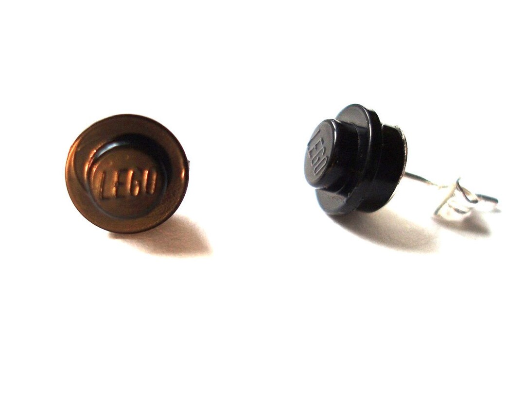 Round Black Brick Stud Silver Plated Earrings Handmade With Lego(r ...