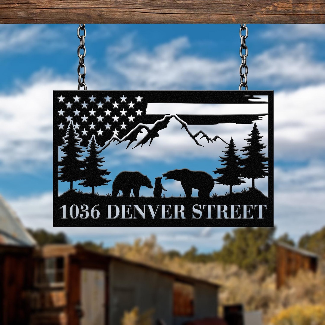 Metal Moutain Bear Address Sign, Custom US Flag Address Sign, Metal ...