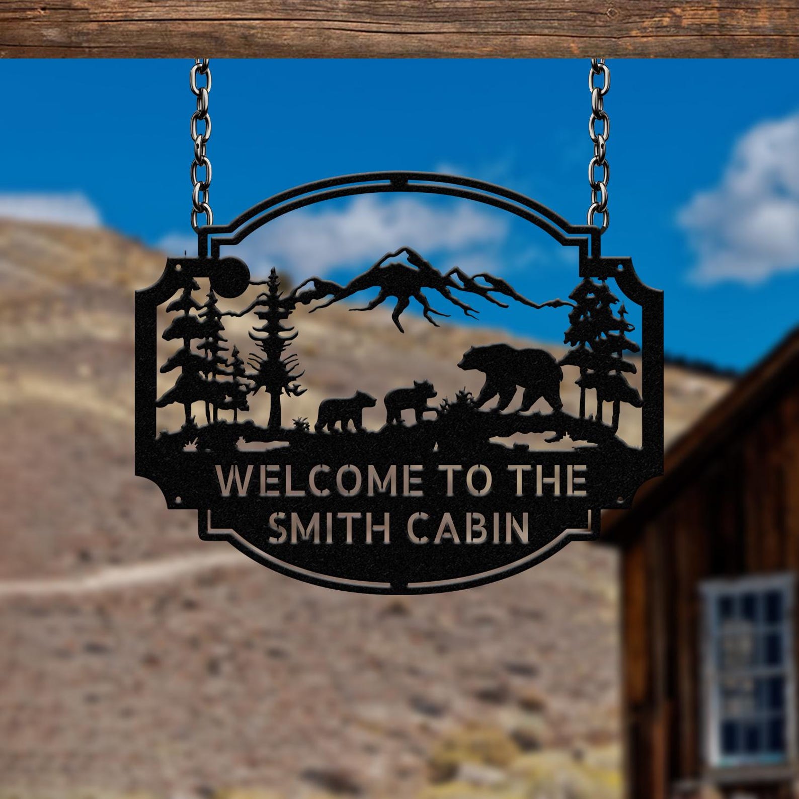 Custom Family Bear Cabin Sign, Mountain Decor Personalized Metal Bear ...