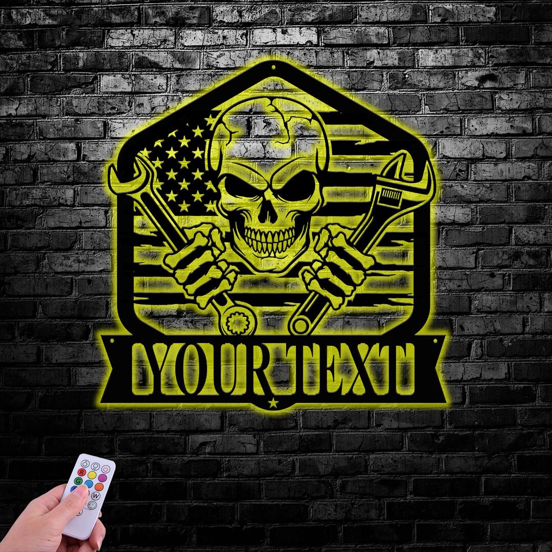 Custom Skull Mechanic LED Wall Art, Personalized Workshop Name Sign ...