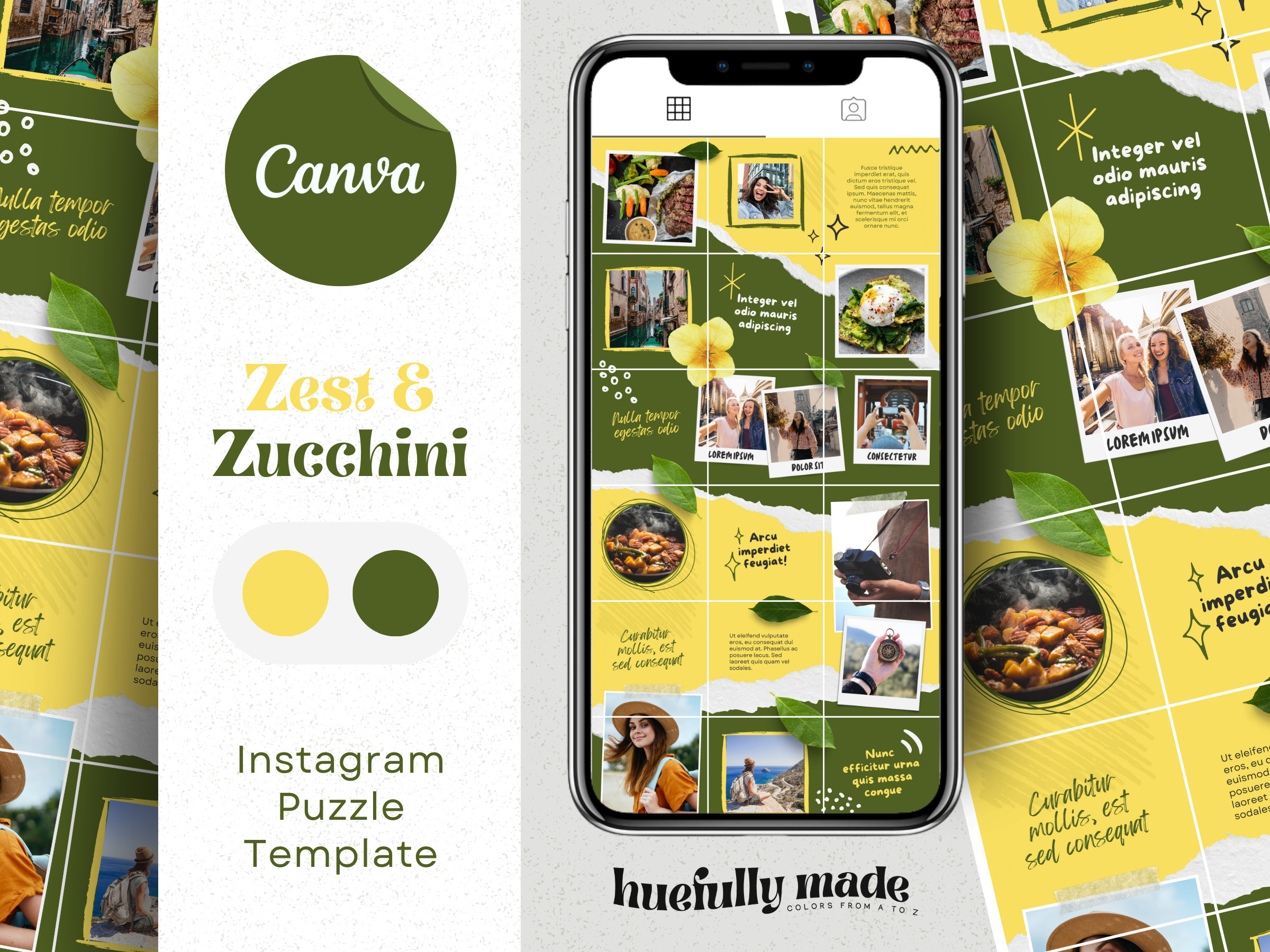 Instagram Puzzle Post Template in Canva - Yellow Green Paper Scrapbook ...