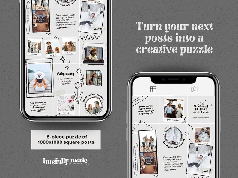 Instagram Puzzle Post Template in Canva Black White Gray Doodle ...