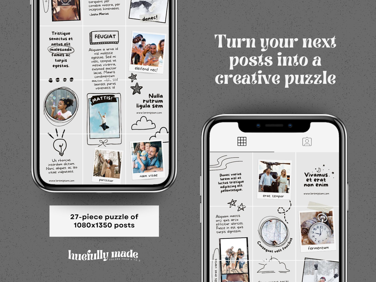 Instagram Puzzle Post Template in Canva - Black White Gray Doodle ...