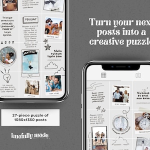 Instagram Puzzle Post Template in Canva - Black White Gray Doodle ...