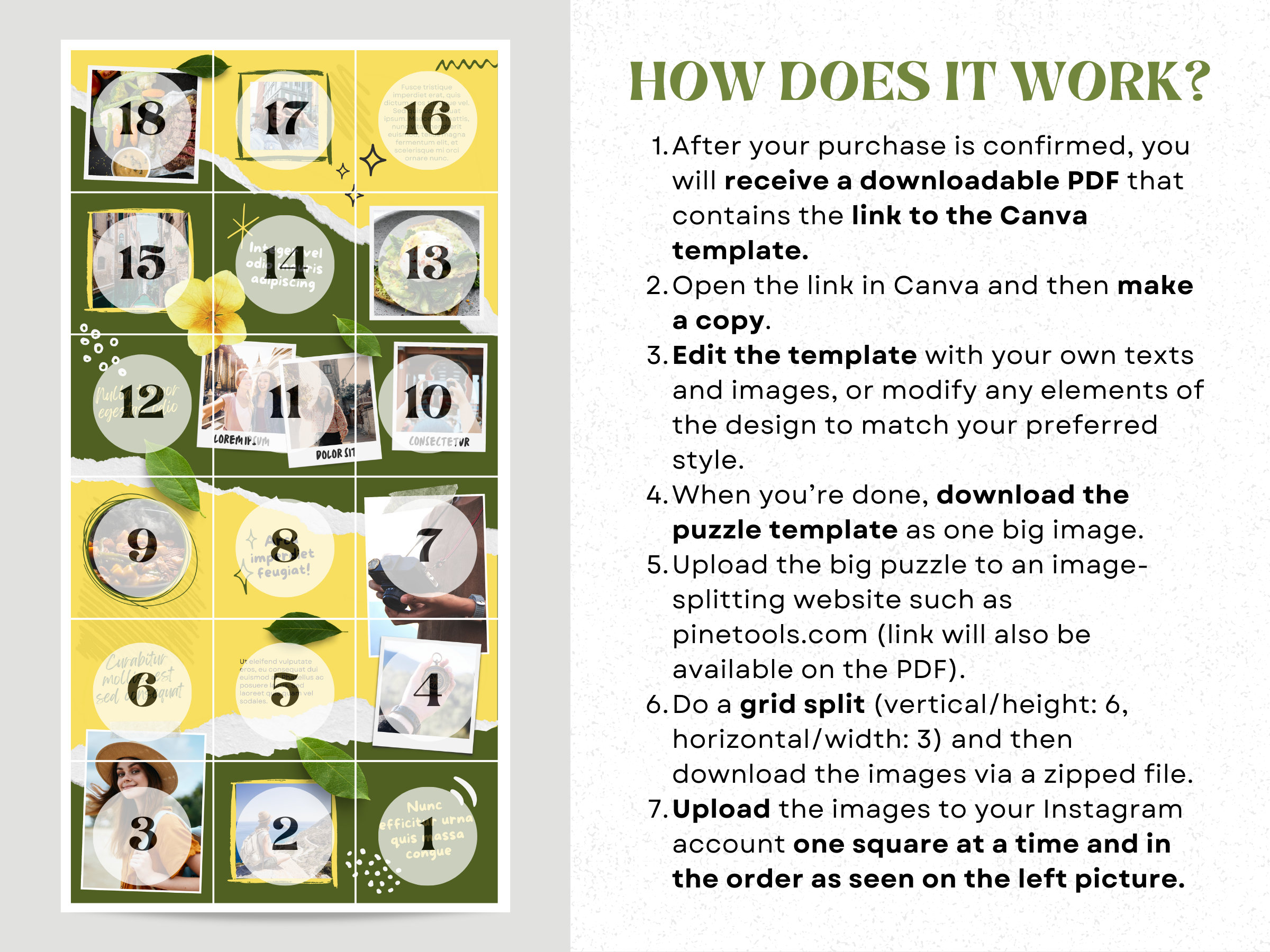 Instagram Puzzle Post Template in Canva - Yellow Green Paper Scrapbook ...