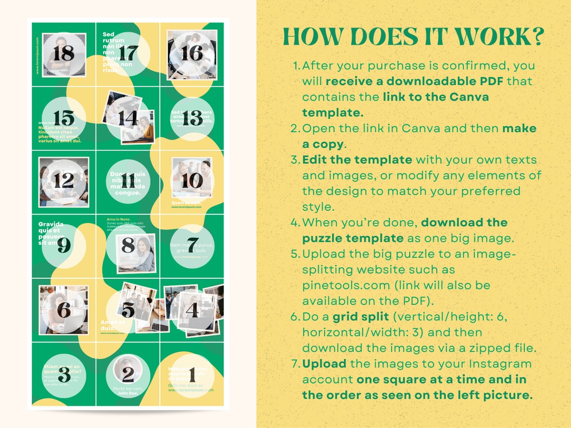 Instagram Puzzle Post Template in Canva - Minimalist Yellow Green Grid ...