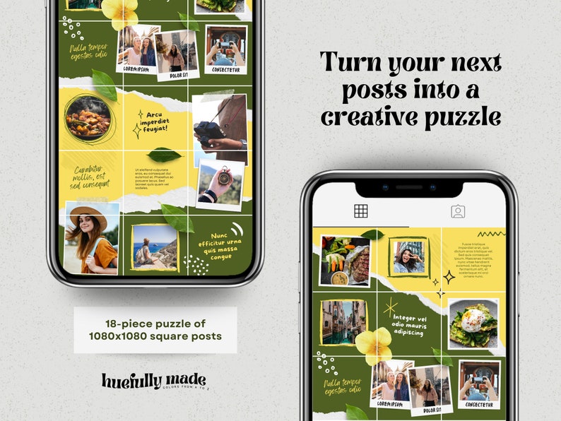 Instagram Puzzle Post Template in Canva - Yellow Green Paper Scrapbook ...