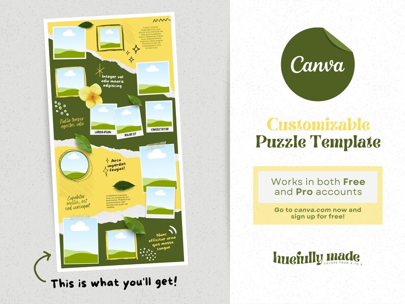 Instagram Puzzle Post Template in Canva - Yellow Green Paper Scrapbook ...
