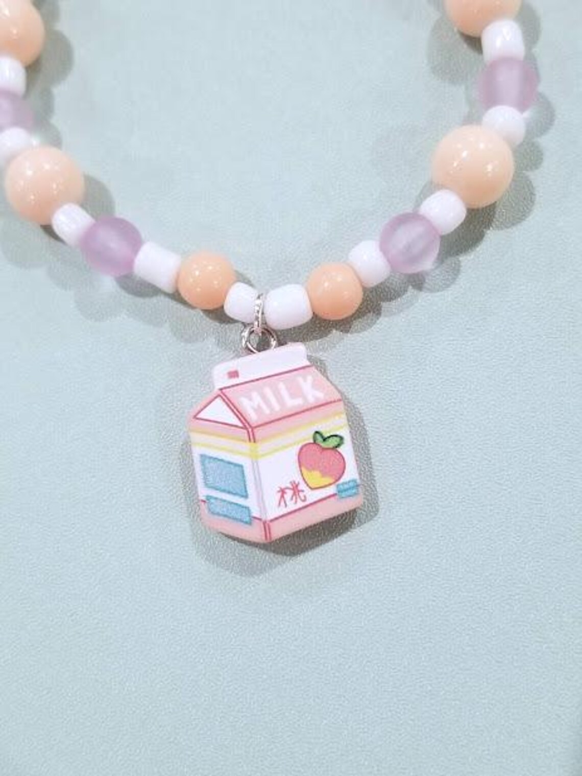 Peach Milk Charm Bracelet / Beaded Stretch Charm Bracelet / Stretchy ...
