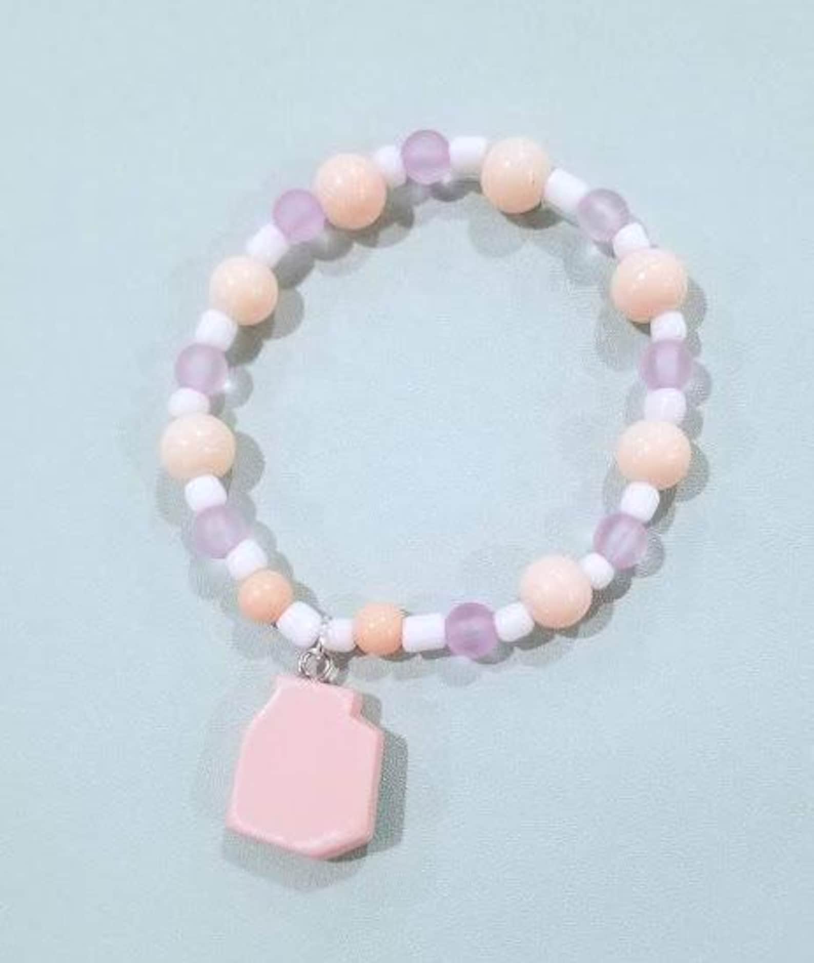 Peach Milk Charm Bracelet / Beaded Stretch Charm Bracelet / Stretchy ...