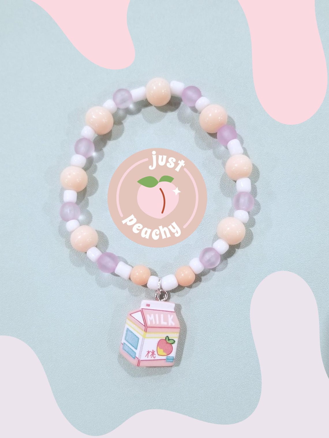 Peach Milk Charm Bracelet / Beaded Stretch Charm Bracelet / Stretchy ...