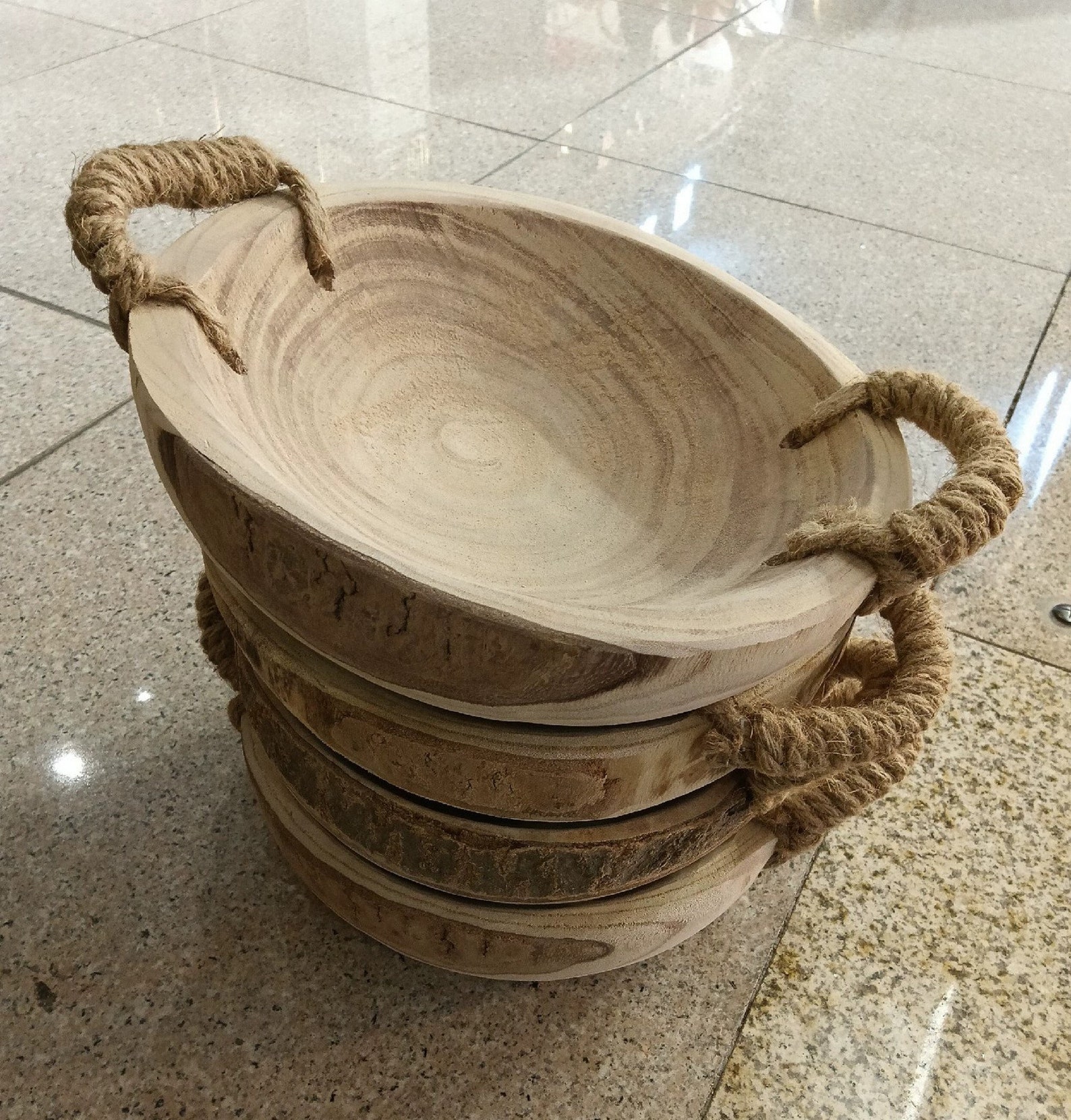 Handmade Wooden Decorative Bowl With Rope Handles Handcrafted Home ...