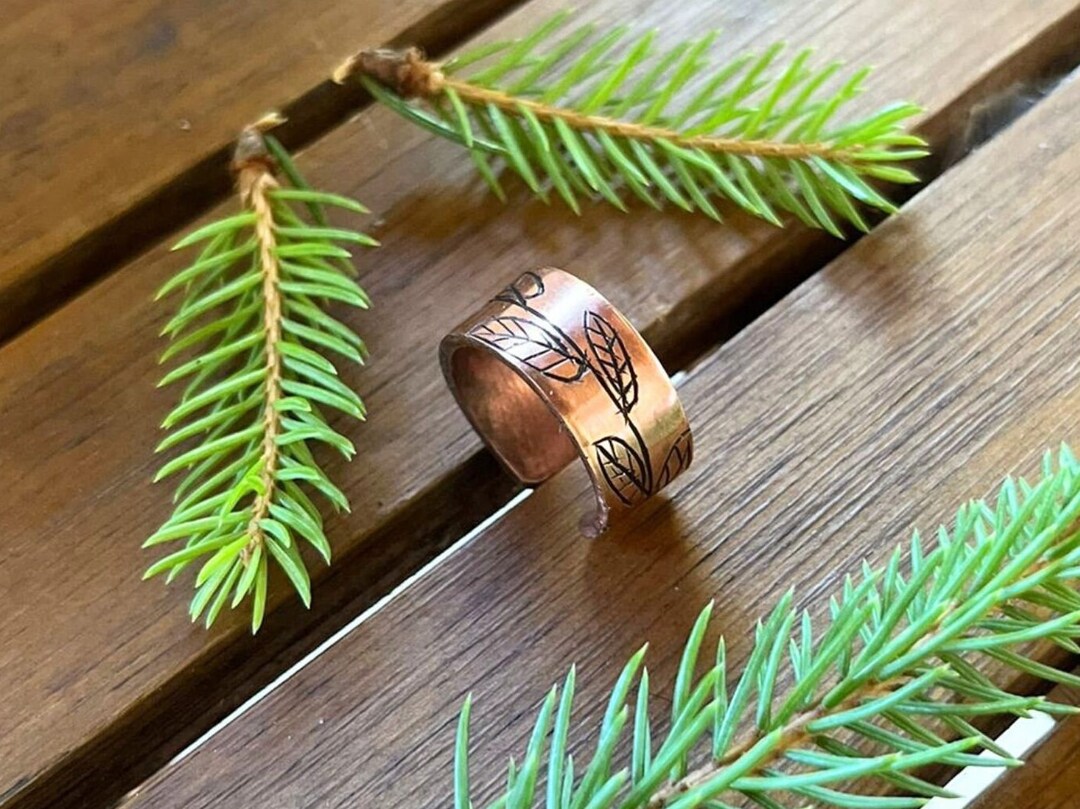 Engraved Leaf Pattern Ring, Handcrafted Copper Ring, Handmade Leaf ...