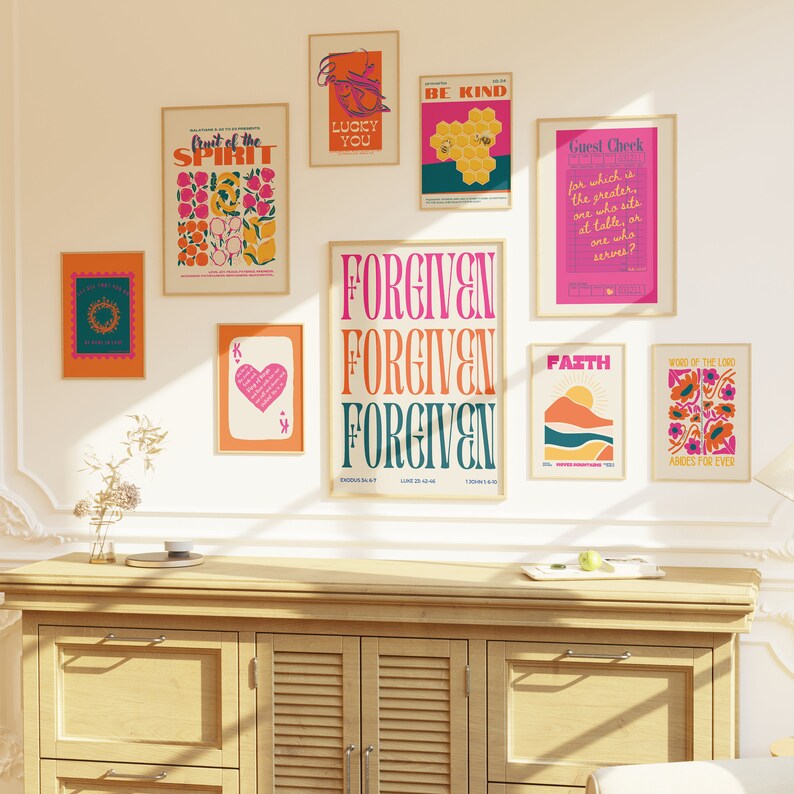 Retro Boho Christian Wall Art Bundle, Pink Orange Bible Verse Wall Art ...