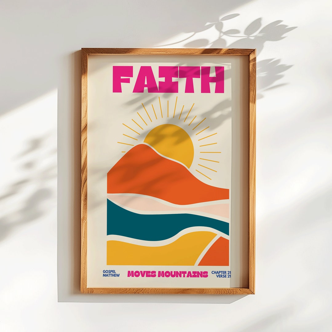 Retro Faith Moves Mountains Wall Art, Christian Art, Pink Orange Bible ...