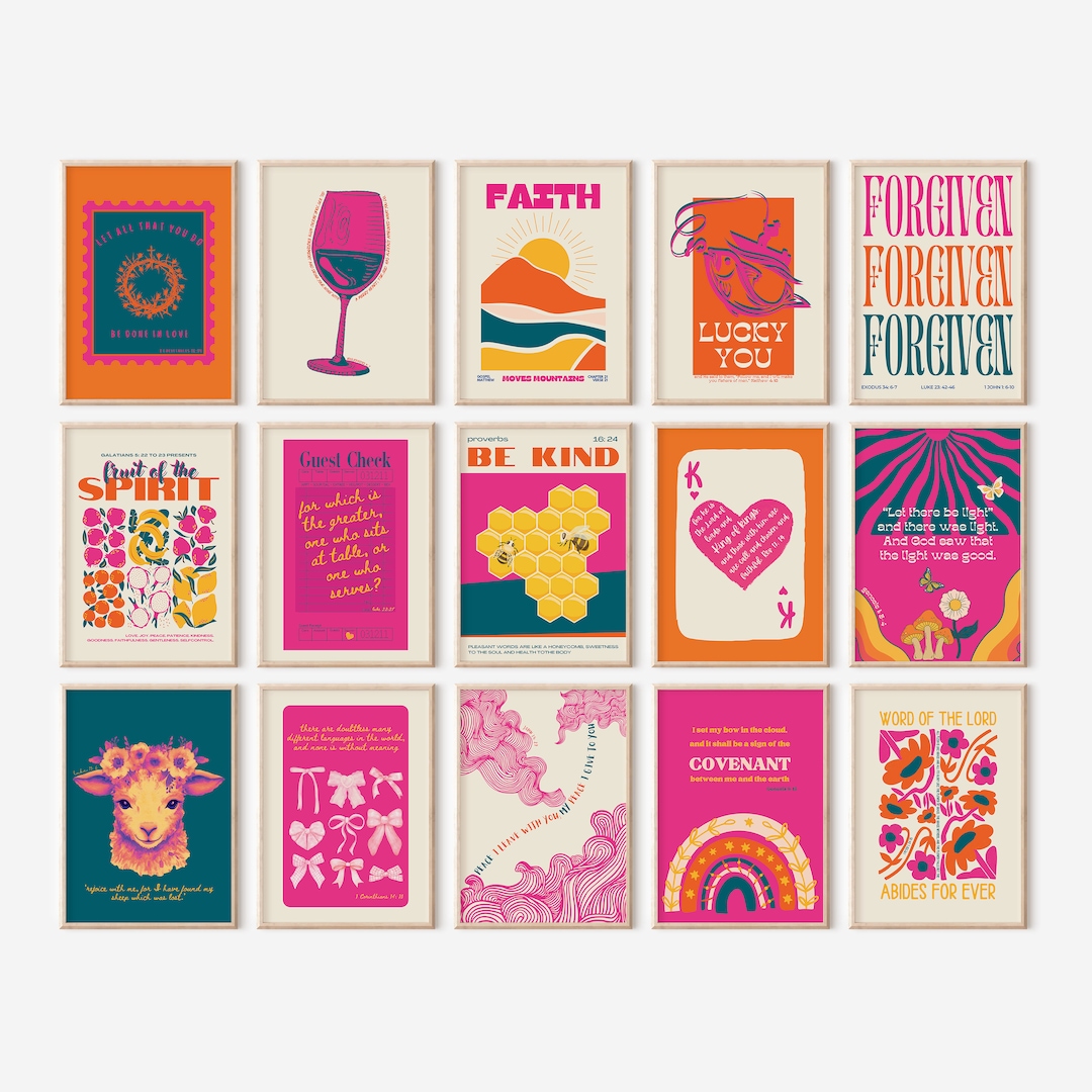 Retro Boho Christian Wall Art Bundle, Pink Orange Bible Verse Wall Art ...