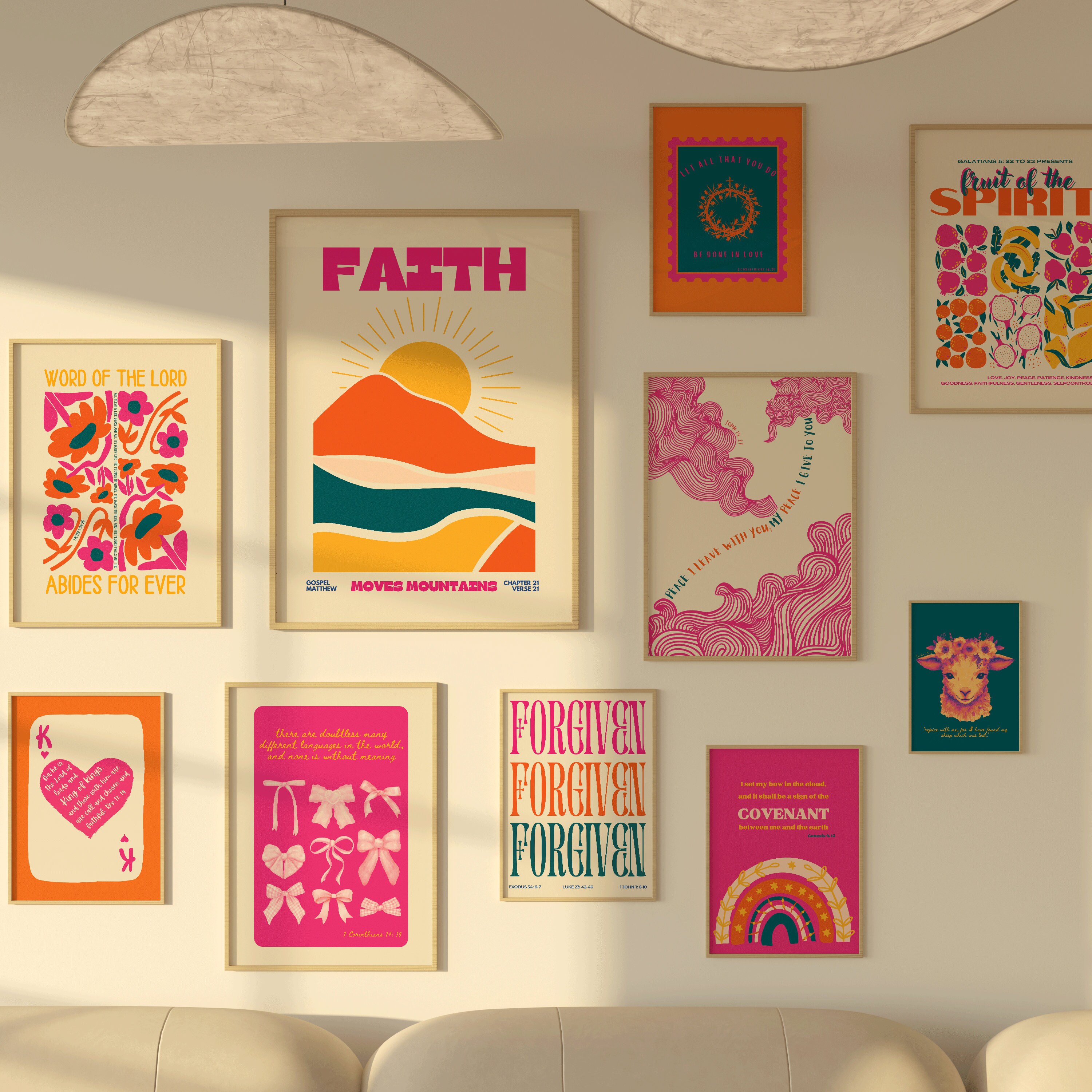 Retro Boho Christian Wall Art Bundle, Pink Orange Bible Verse Wall Art ...