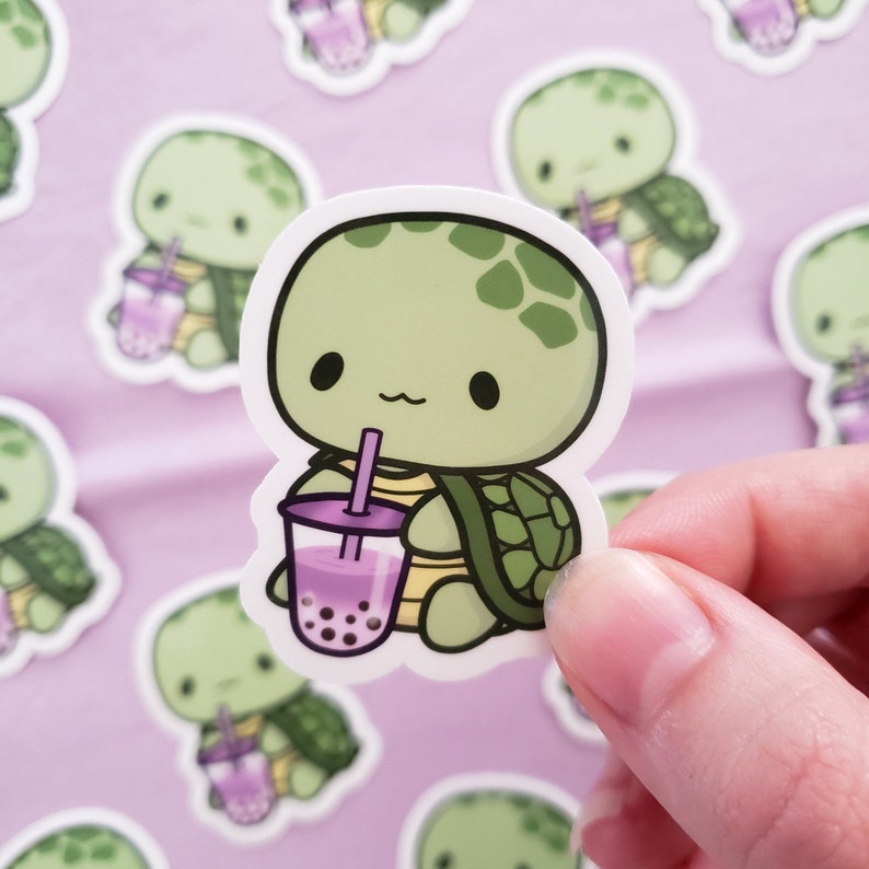 Kawaii Turtle Drinking Boba Vinyl Sticker | Glossy and Water-resistant ...