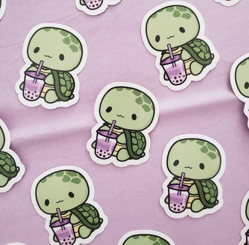 Kawaii Turtle Drinking Boba Vinyl Sticker | Glossy and Water-resistant ...