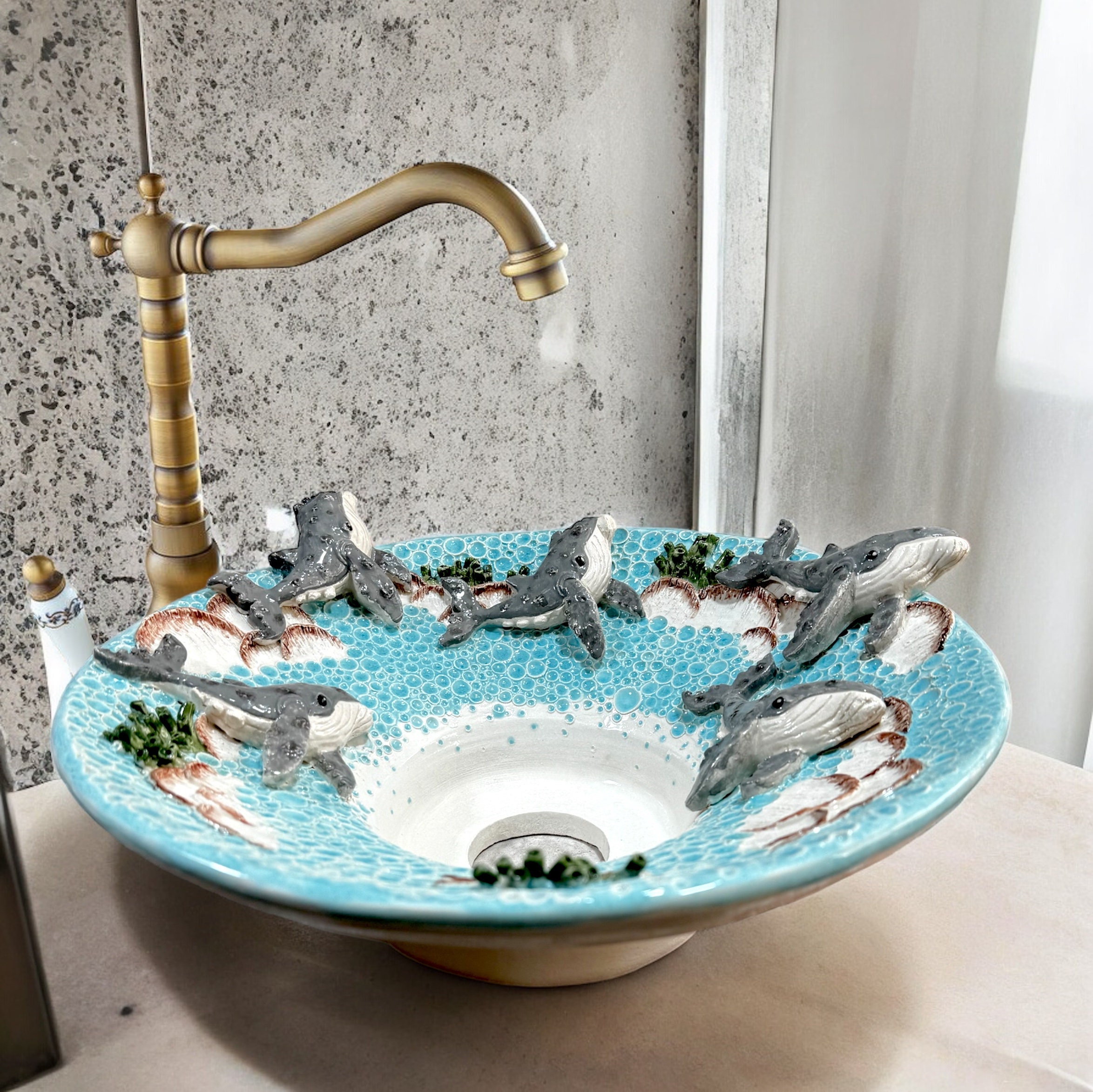 Ocean Vessel Sink With Whales, Custom Pottery Bathroom Sink Bowl ...