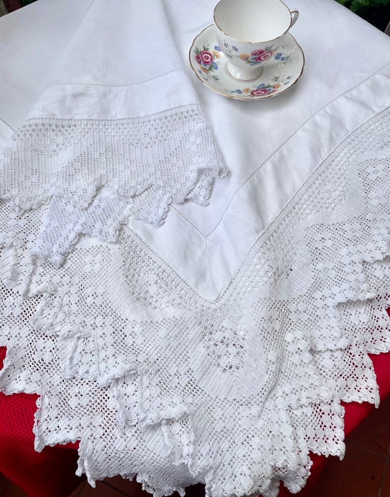 Vintage Filet Lace Edged Tablecloth 48x48 Inch - Etsy