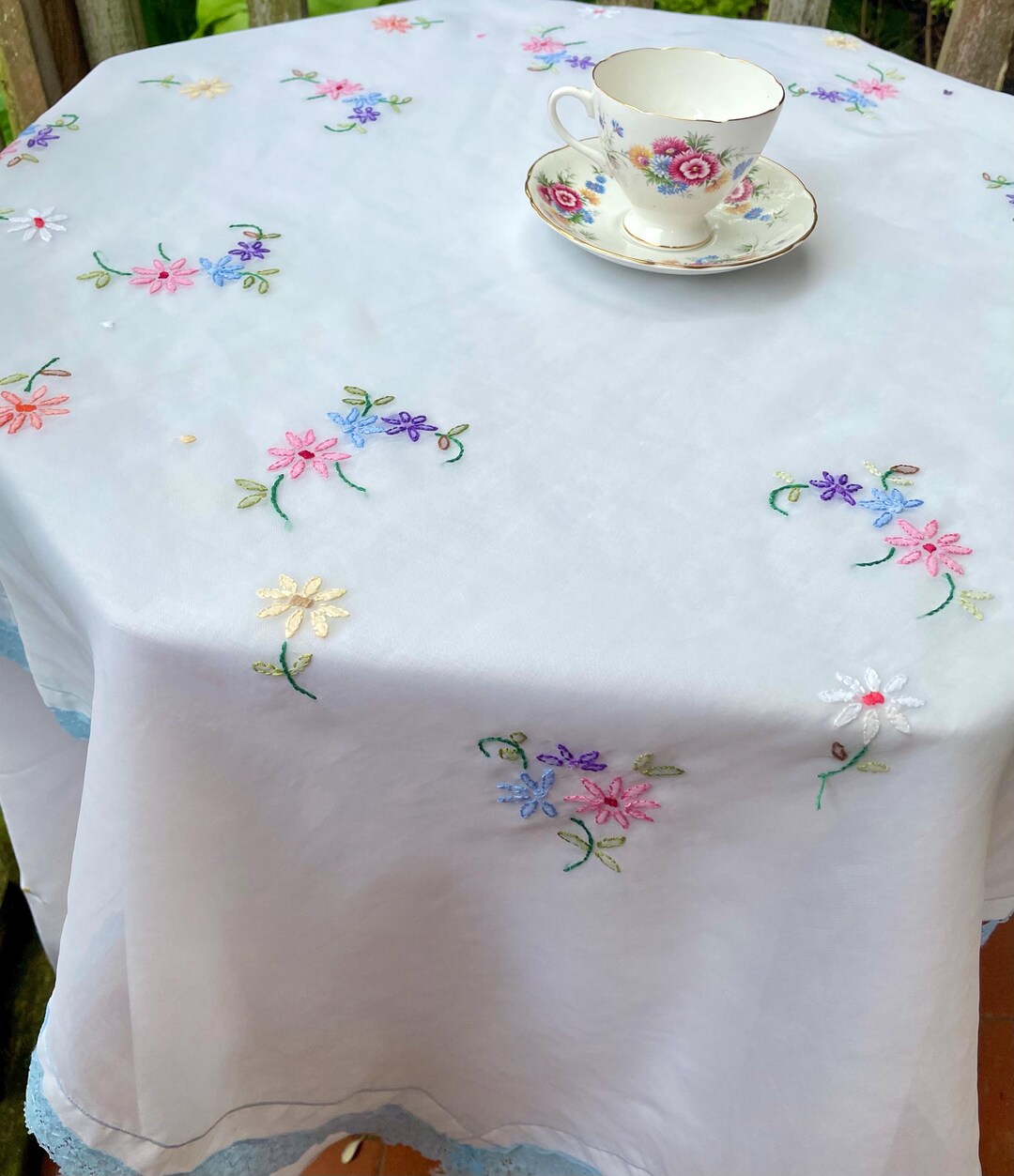 Vintage Embroidered Chiffon Tablecloth Blue Edge 44x44 Inches - Etsy