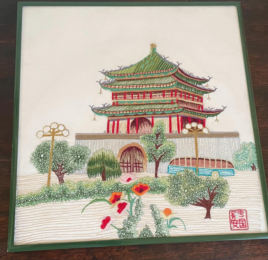 Vintage Japanese Pagoda Embroidery Signed Angou - Etsy