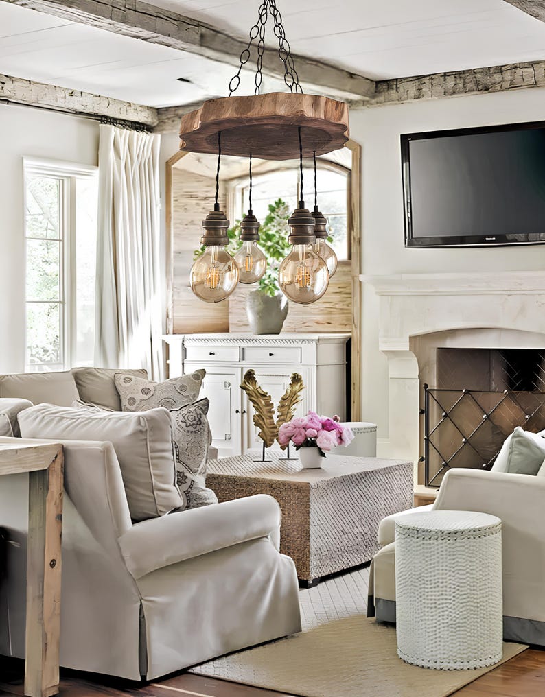 Live Edge Beam Chandelier – Rustic Wooden Ceiling Light for Dining Room ...