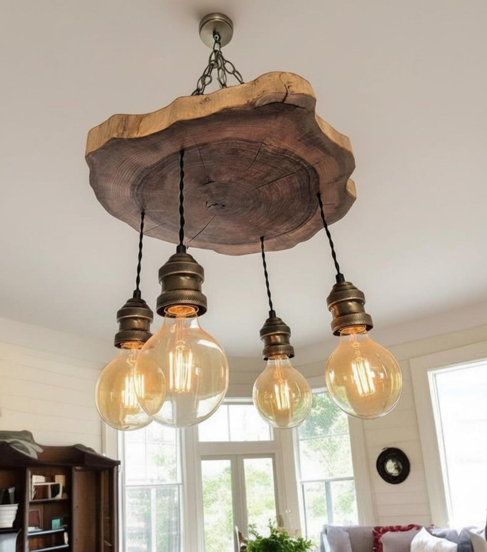 Live Edge Beam Chandelier – Rustic Wooden Ceiling Light for Dining Room ...