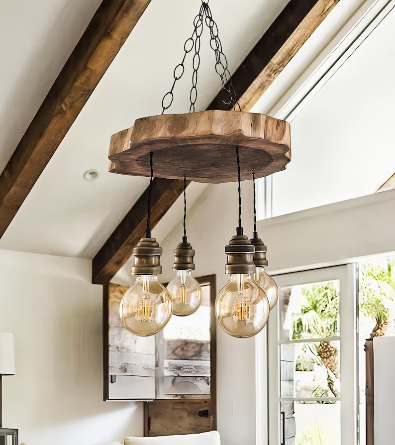Live Edge Beam Chandelier – Rustic Wooden Ceiling Light for Dining Room ...