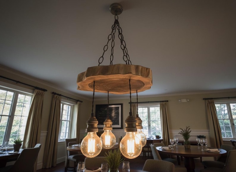 Live Edge Beam Chandelier – Rustic Wooden Ceiling Light for Dining Room ...