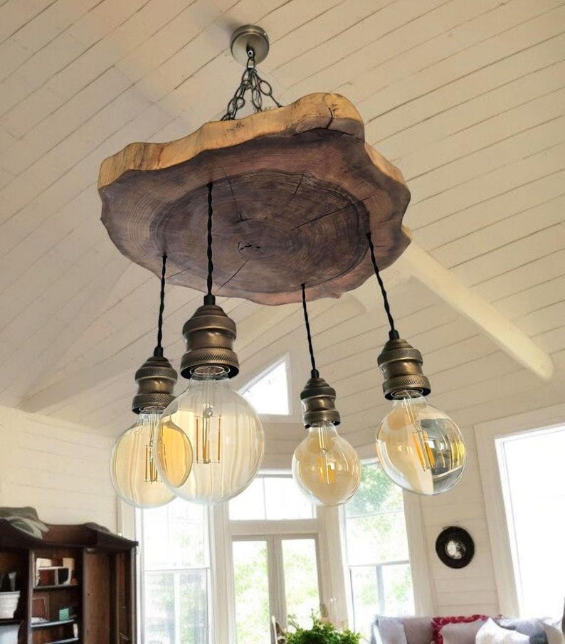 Live Edge Beam Chandelier – Rustic Wooden Ceiling Light for Dining Room ...