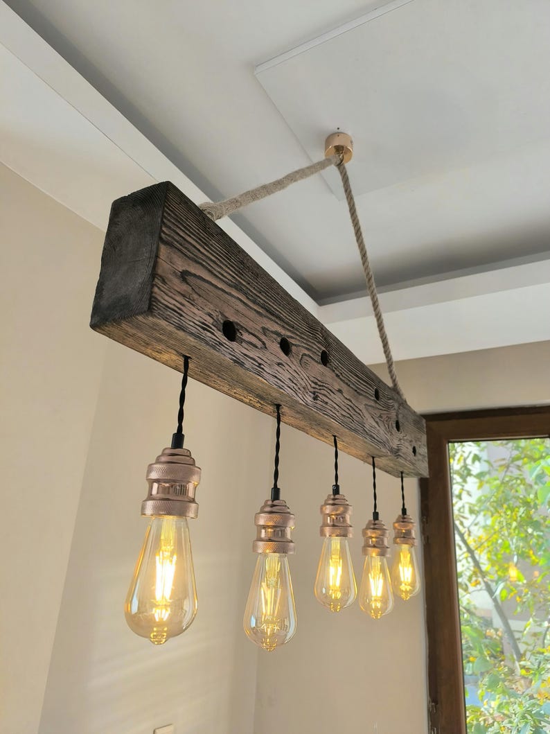 Wooden Farmhouse Pendant Chandelier, Rustic Lighting Fixture for Dining ...