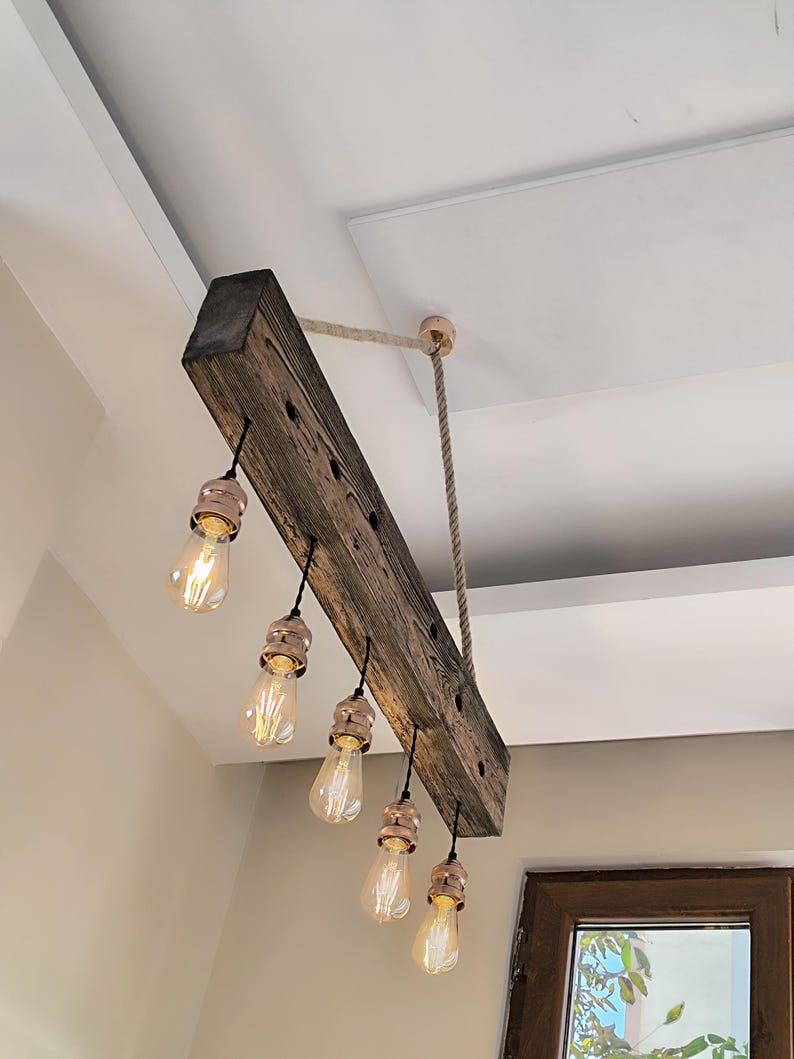 Wooden Farmhouse Pendant Chandelier, Rustic Lighting Fixture for Dining ...