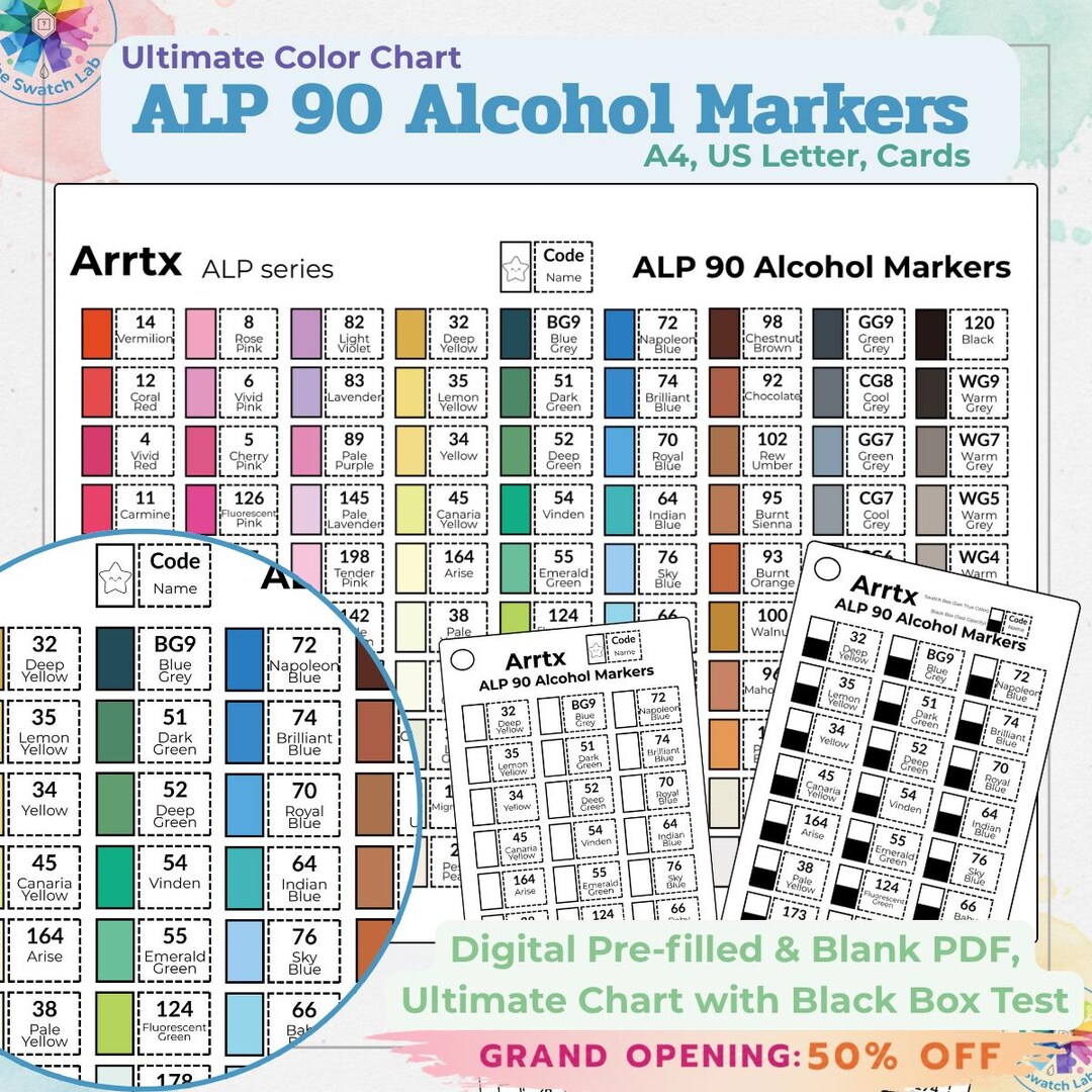 Printable Alcohol Marker Swatch Chart for Arrtx ALP 90, Digital Swatch ...