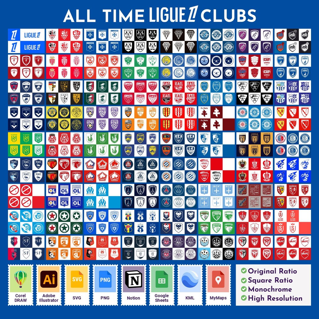 All Time Ligue 1 Football Club Logos Bundle, Data & Map | Svg, Png, Ai ...