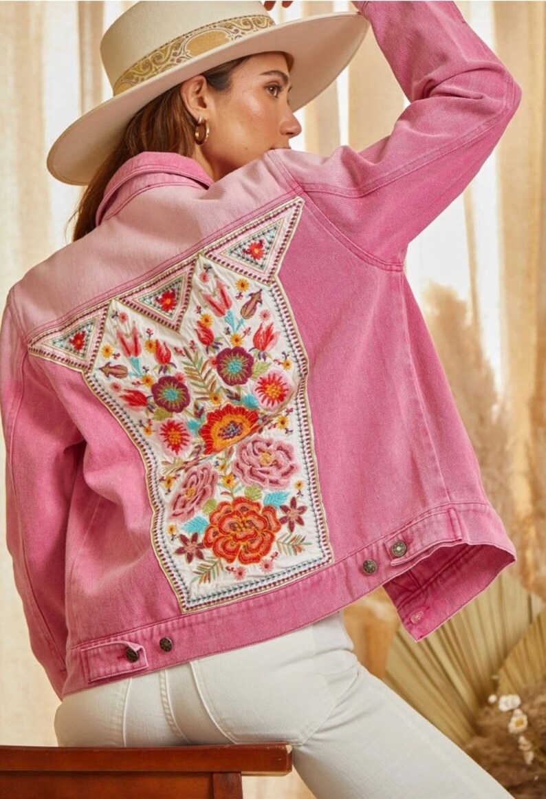 In Full Bloom Western Denim Embroidery Jacket in Pink - Etsy