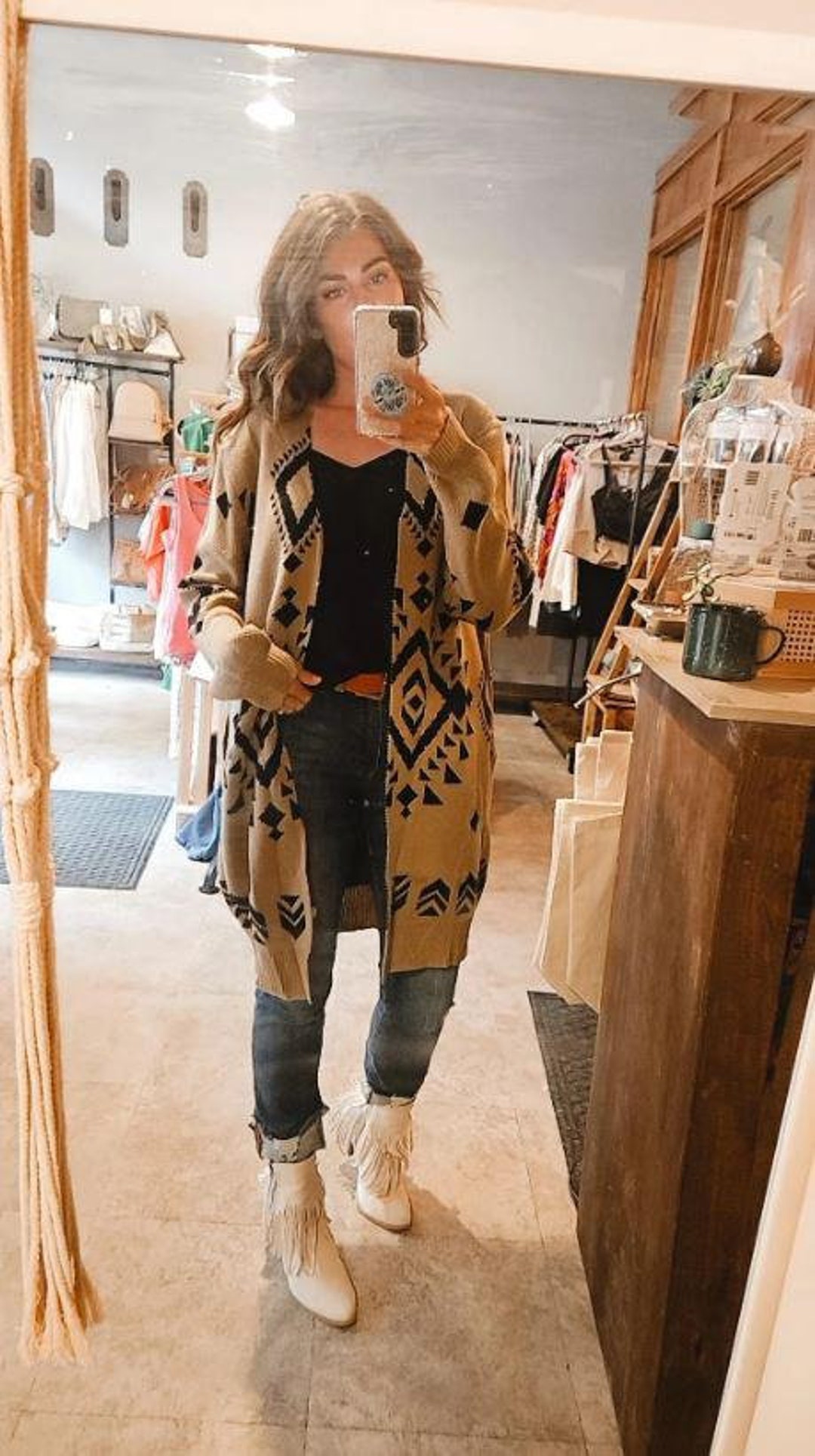 Rowan Western Aztec Print Open Front Long Pocketed Cardigan - Etsy