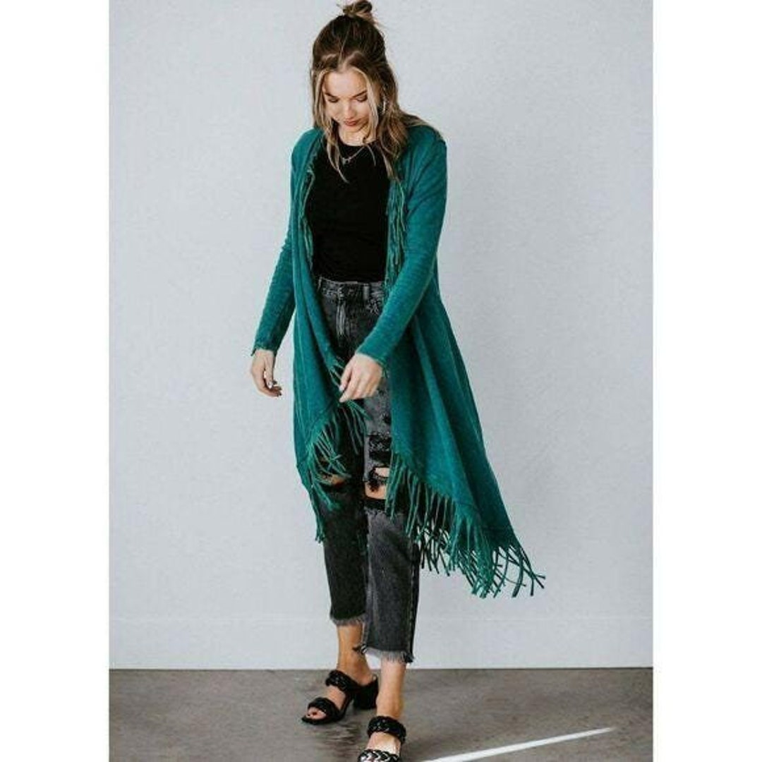 Western turquoise Mineral Wash Duster Cardigan With Fringe - Etsy
