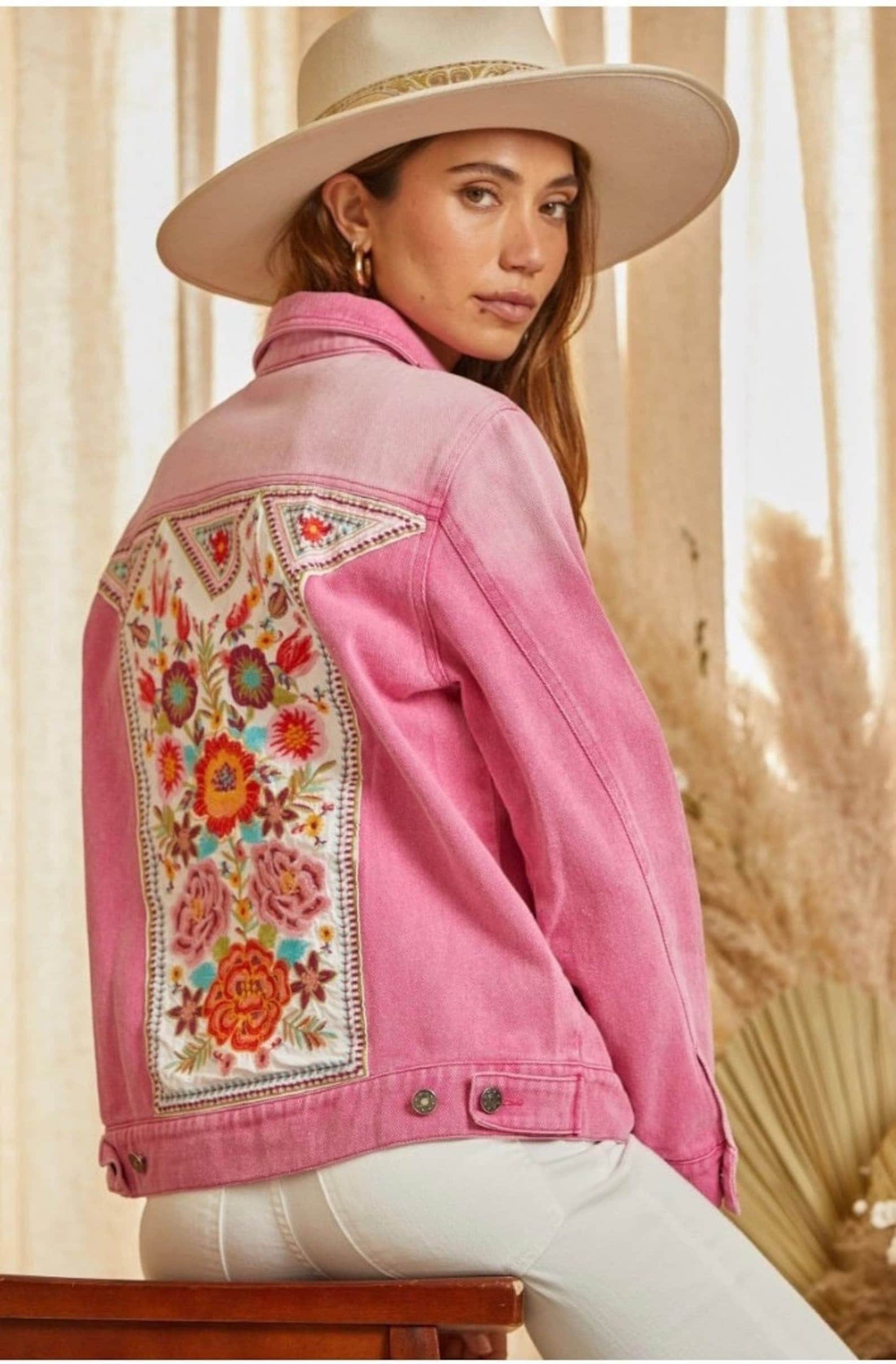 In Full Bloom Western Denim Embroidery Jacket in Pink - Etsy