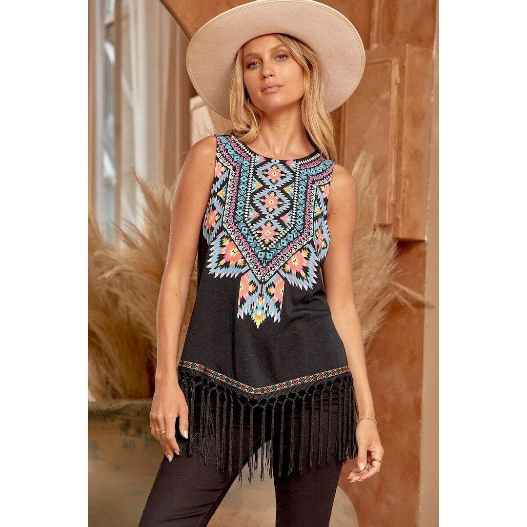 Aztec Fringe Tribal Top in Black - Etsy