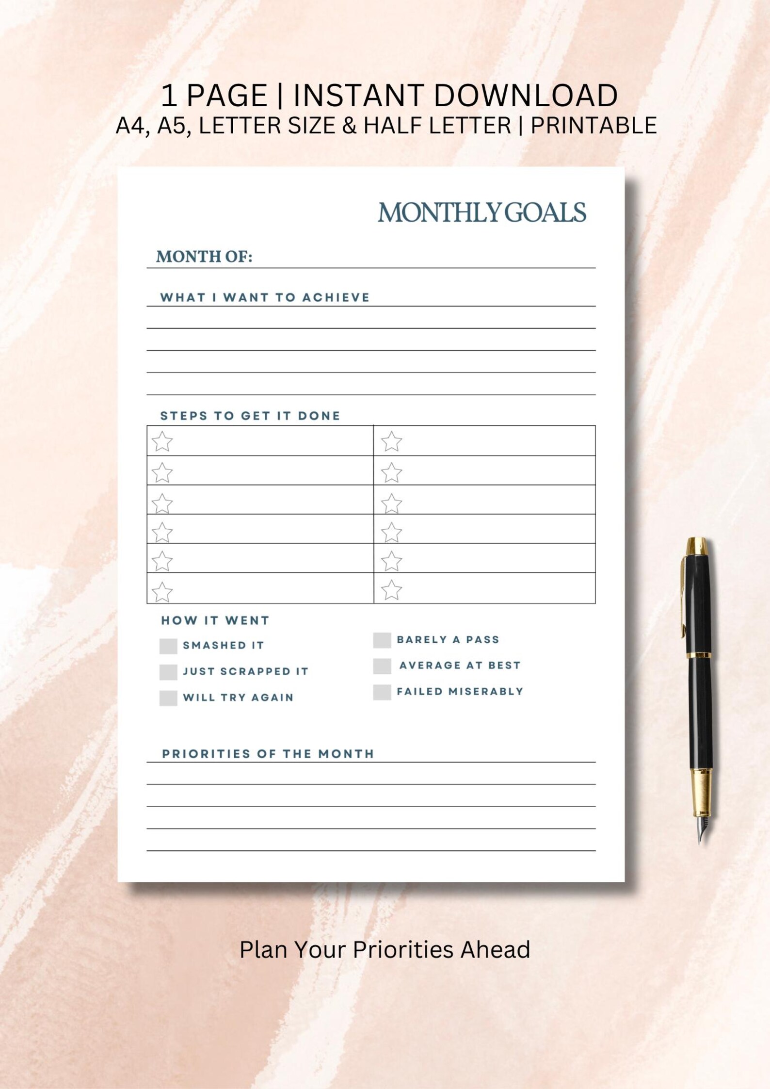 Monthly Goals Tracker, Goal Progress Tracker, Goal Setting Worksheet ...