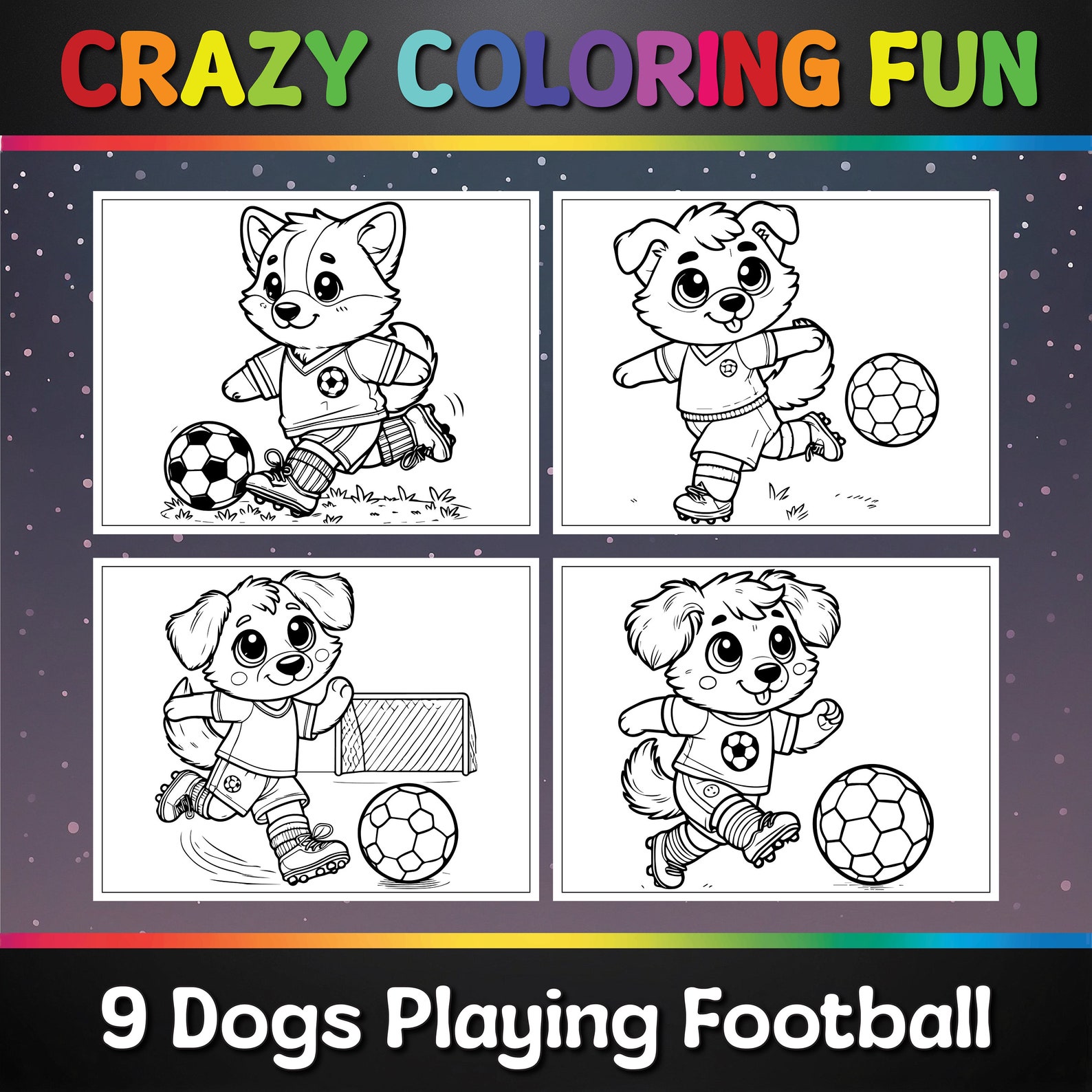Dogs Playing Football Printable Coloring Pages, 9 Pages, A4 & Letter ...